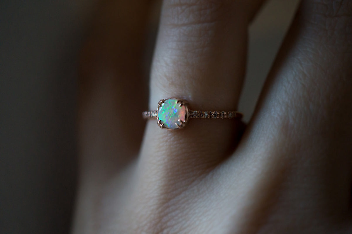Brushstroke Opal Solitaire Ring with Pavé Band & Secret Diamond – S ...